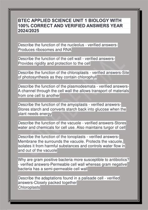 Btec Applied Science Unit 1 Biology With 100 Correct And Verified Answers Year 2024 2025 Btec