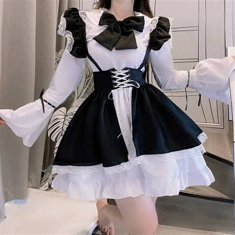 Jimiko 여성 프랑스어 앞치마 하녀 복장 코스프레 의상 흰색 귀여운 하인 로리타 의상 애니메이션 쇼 일본 의상 복장로리타