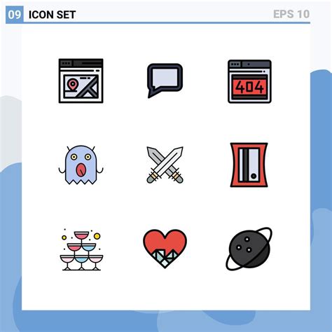 Set Of 9 Vector Filledline Flat Colors On Grid For Weapon Fencing Web Sword Alien Editable