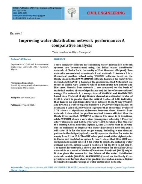 Pdf Improving Water Distribution Network Performance A Comparative Analysis