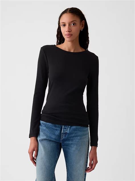 Black Long Sleeve Modern Cotton Modal Crew Neck T Shirt Gap