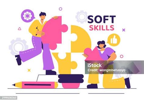 공감 의사 소통 아이디어 개발 팀워크 및 전문적인 성장과 같은 소프트 스킬을 보여주는 사무원의 벡터 일러스트 레이 션 개발에 대한 스톡 벡터 아트 및 기타 이미지 Istock