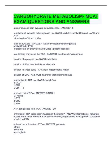 Carbohydrate Metabolism Mcat Exam Questions And Answers Carbohydrate