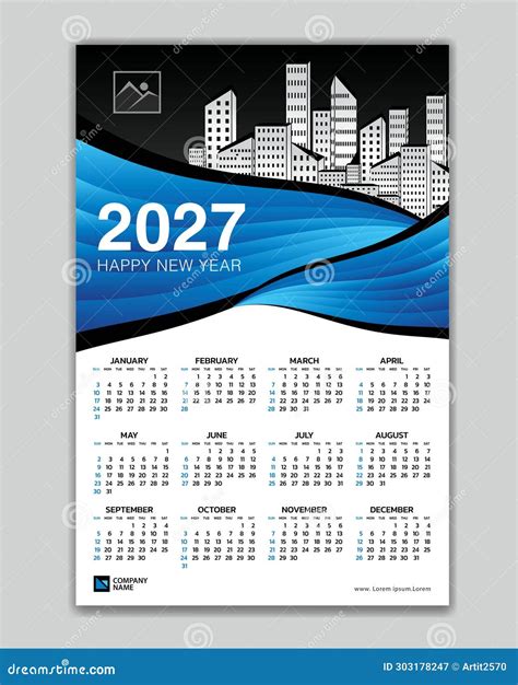 Wall Calendar 2027 Year Blue Wave Template Vector With Place For Photo