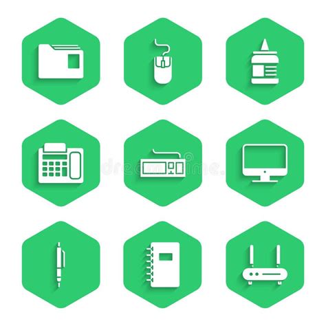 Set Keyboard Spiral Notebook Router And Wi Fi Signal Computer Monitor Screen Pen Telephone