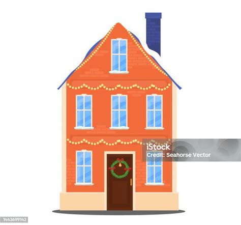 크리스마스 장식 된 집 외관 작은 오두막집 벡터 삽화와 함께 새해 인사말 카드 12월에 대한 스톡 벡터 아트 및 기타 이미지