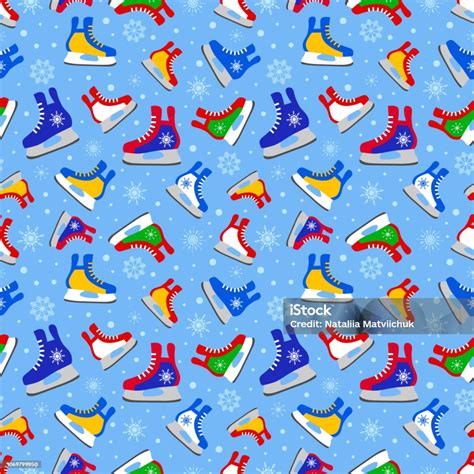 귀여운 아이스 스케이팅 벡터 인쇄입니다 겨울 활동 템플릿 배경 화면입니다 아이스 스케이트 벡터 일러스트입니다 완벽 한 패턴입니다 눈과 눈송이 함께 파란색 배경입니다 12월에