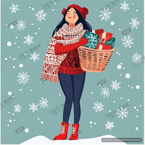 Ai创作图抱礼盒的女孩 冬季服装插画 冬日美丽少女 冬季购物 大雪女孩插画 传统的冬季 提花篮的女孩 圣诞节包装插画 插画款冬 12月插画