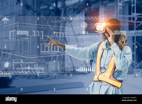 Futuristic Builder Architect Engineer Wearing Augmented Reality Headset And Using Gestures To