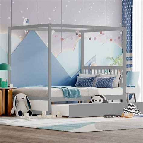 Full Size Canopy Bed With Trundle Solid Wood Platform Bed Frame With