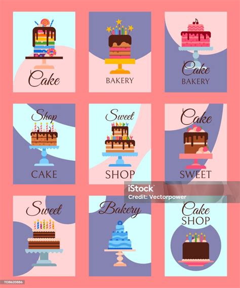 배너 또는 카드 벡터 일러스트 레이 션의 케이크 숍 세트입니다 초콜렛과 케이크가 게를 위한 과일 디저트 컵 케이크 케이크 푸딩 비스킷 휘 핑 크림 유약과 뿌리 촛불 개체