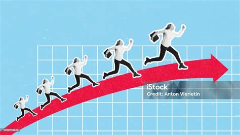 동기 부여된 여성 직원이 파란색 배경 위에 화살표를 타고 올라가는 현대 미술 콜라주 재정적 성공의 길 25 29세에 대한 스톡 사진 및 기타 이미지 Istock