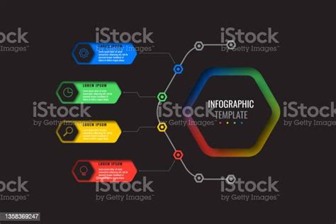검은 색 배경에 얇은 선 아이콘이있는 4 개의 사실적인 육각형 요소가있는 비즈니스 인포 그래픽 템플릿 종이에 기하학적 구멍이 있는 현대적인 다이어그램 프레젠테이션을 위한