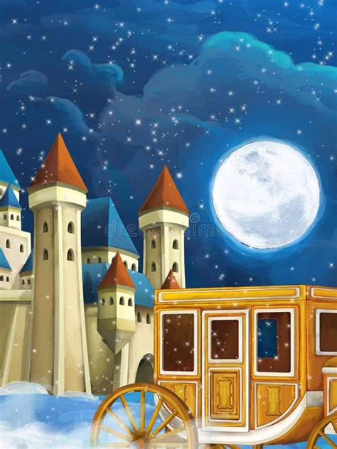 Ευτυχής και ζωηρόχρωμη παραδοσιακή σκηνή με τη μεταφορά κοντά στο κάστρο Απεικόνιση αποθεμάτων