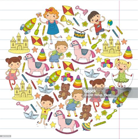 유치원 유치원 보육원 교육 어린이 낙서 패턴 아이 놀이 공부 하는 남자와 여자와 아이 드로잉 아이콘 공간 모험 탐험 상상력 개념 2 3 살에 대한 스톡 벡터 아트 및 기타
