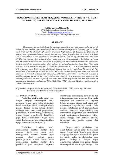 Pdf Penerapan Model Pembelajaran Kooperatif Tipe Ttw Think Talk Write Dalam Meningkatkan