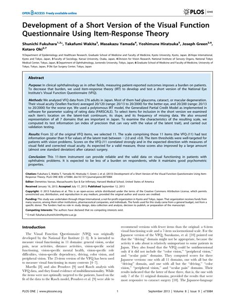 Pdf Development Of A Short Version Of The Visual Function Questionnaire Using Item Response Theory