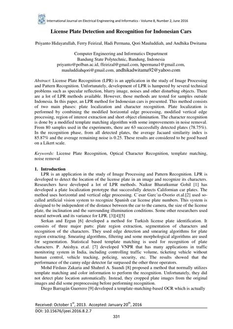 Pdf License Plate Detection And Recognition For Indonesian Cars