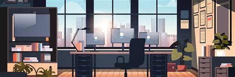 창조적 인 빈 사람이 없는 아파트 기업 또는 프리랜서 작업을 위한 가구가 있는 열린 공간의 현대적인 로프트 인테리어 홈 오피스