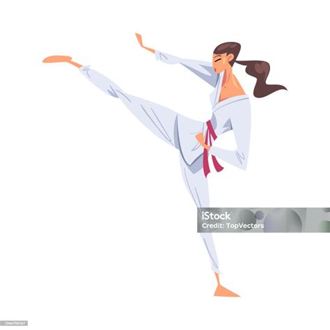 소녀 가라테카 강력한 킥을하고 화이트 기모노에서 가라데 전투기 캐릭터 연습 전통적인 일본 무술 만화 스타일 벡터 일러스트