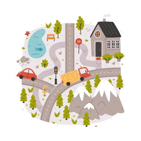 Naive City Map With Cartoon Road Car And House Vector Illustration Stock Vector Illustration