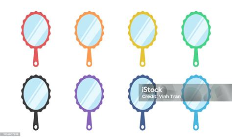 플랫 스타일 벡터 그림에 있는 여러 가지 빛깔의 손 거울 세트 여성을위한 간단한 메이크업 손 거울 클립 아트 만화 스타일 손으로 그린 낙서 스타일 손잡이가 있는 거울 귀여운