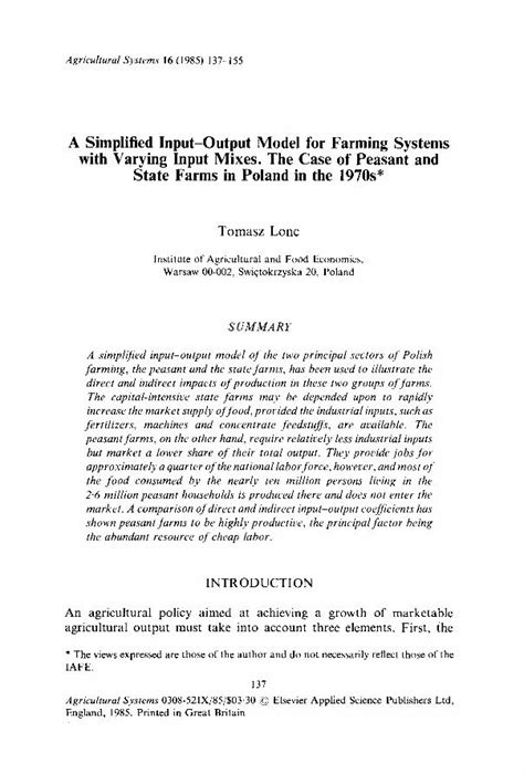 pdf a simplified input output model for farming systems with varying