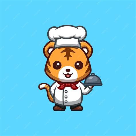 호랑이 요리사 귀여운 크리에이 티브 가와이이 만화 마스코트 로고 프리미엄 벡터