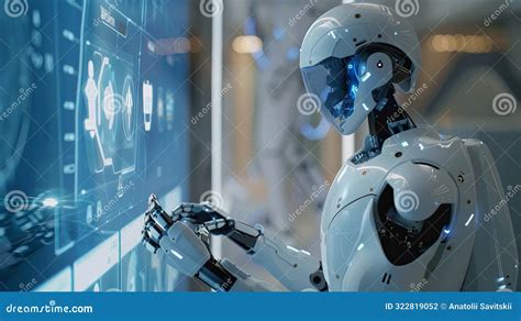 A Humanoid Robot Interacts With A Touchscreen Interface Displaying Ai Functions In A Sleek And