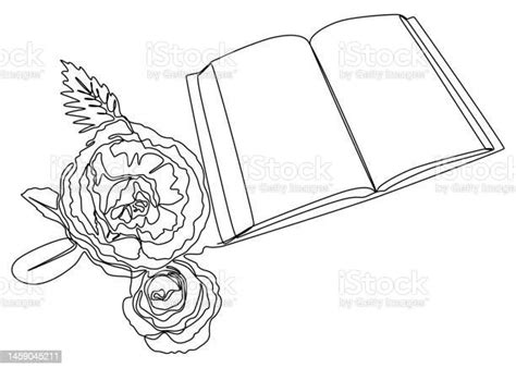 One Continuous Line Of Opened Book With Rose Thin Line Illustration Vector Concept Contour