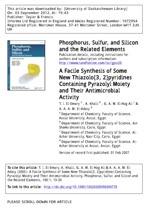 Pdf A Facile Synthesis Of Some New Thiazolo[3 2]pyridines Containing Pyrazolyl Moiety And
