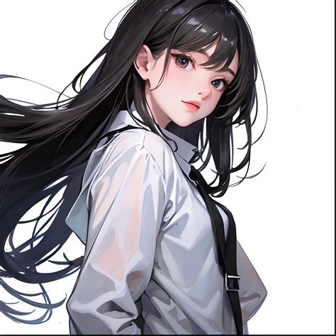 긴 검은 머리와 멜빵이 달린 흰색 셔츠를 입은 애니메이션 소녀 Seaart Ai