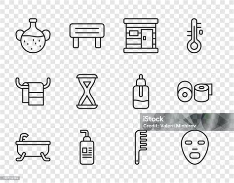 세트 라인 욕조 얼굴 화장품 마스크 사우나 나무 목욕탕 크림 또는 로션 튜브 에센셜 오일 병 모래 시계 헤어 브러시 및 화장지 롤 아이콘 벡터 건강 진단에 대한 스톡 벡터