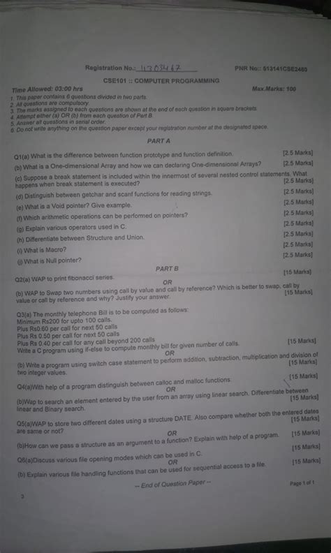 Studentfriendly Cse 101 Computer Programming Question Papers Of Lpu