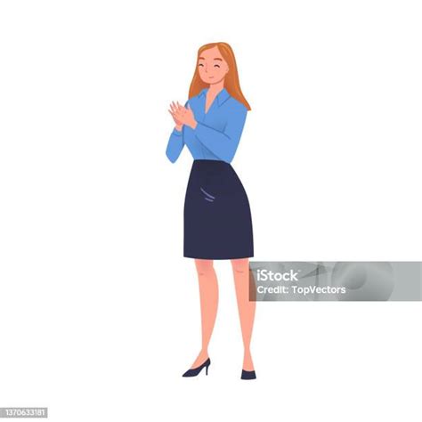 웃고 있는 여성 캐릭터 박수와 박수 제스처 벡터 일러스트로 손을 잡고 서 있다 감탄에 대한 스톡 벡터 아트 및 기타 이미지 감탄 만족 몸짓 Istock