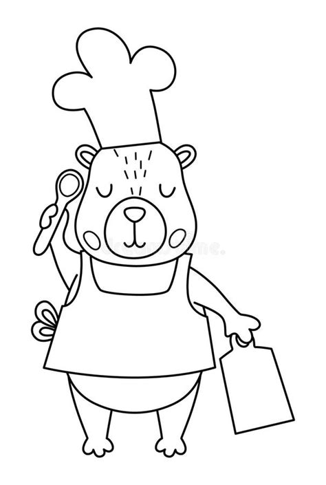 Vector Black And White Capybara Icon Cute Line Capibara Cook In Apron And Chef Hat Holding