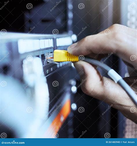 Server Information Technology And Closeup Of Computer Cable For Database Transmission By