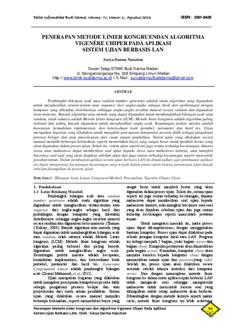Pdf Penerapan Metode Linier Kongruendan Algoritma VigenÈre Chiper Pada Aplikasi Sistem Ujian
