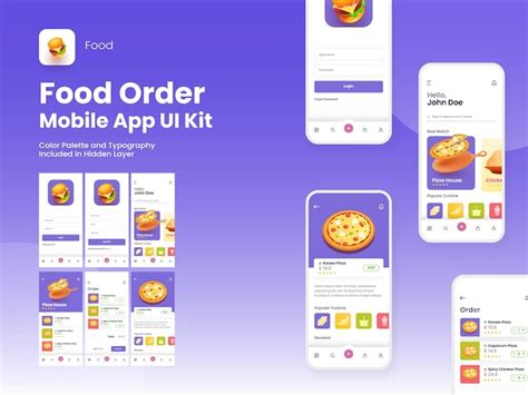 로그인 등록 음식 메뉴 예약 및 서비스 유형 검토 화면을 포함한 음식 주문 모바일 앱 Ui 키트 프리미엄 벡터
