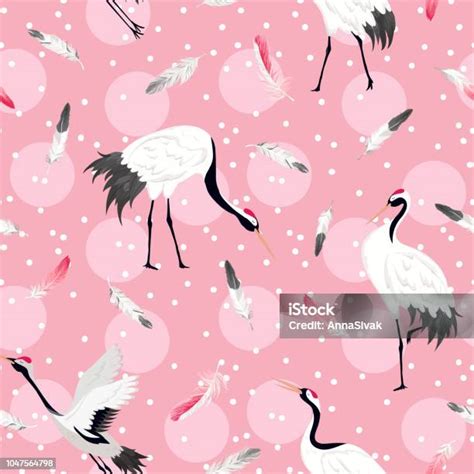 일본 크레인과 열 대 꽃 복고풍 새 배경 패션 꽃 인쇄 생일 일본 장식 완벽 한 패턴 설정 벡터 일러스트 레이 션 복고풍에 대한 스톡 벡터 아트 및 기타 이미지 Istock