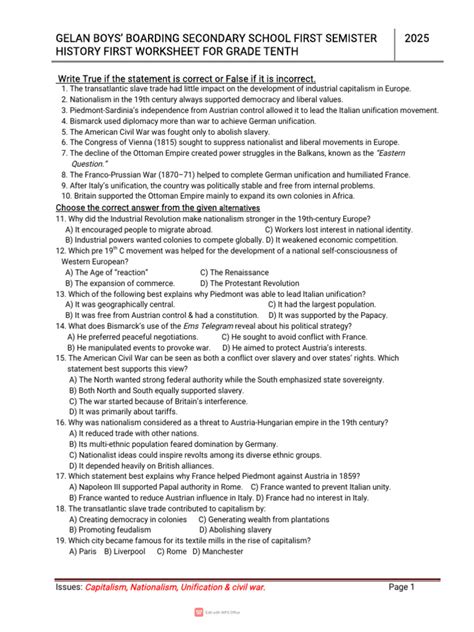 10th Grade History Worksheet Capitalism And Nationalism Pdf