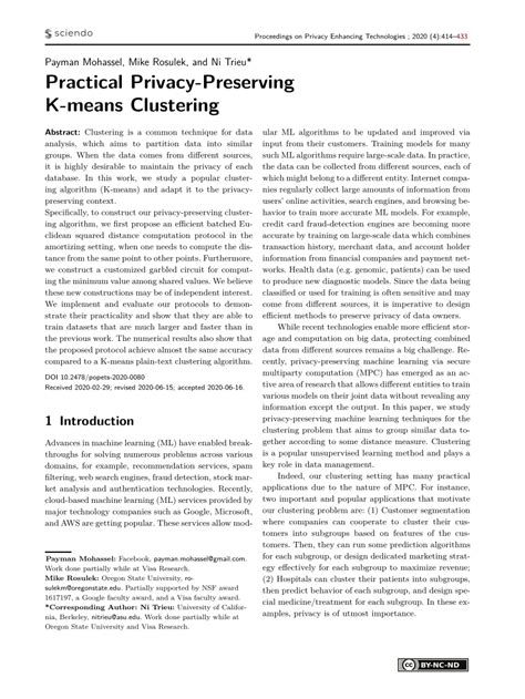 Pdf Practical Privacy Preserving K Means Clustering
