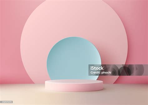 파란색과 분홍색의 우아한 원형 배경이 있는 현대적인 3d 파스텔 핑크 포디움은 제품 디스플레이 모형 및 쇼케이스에 이상적입니다