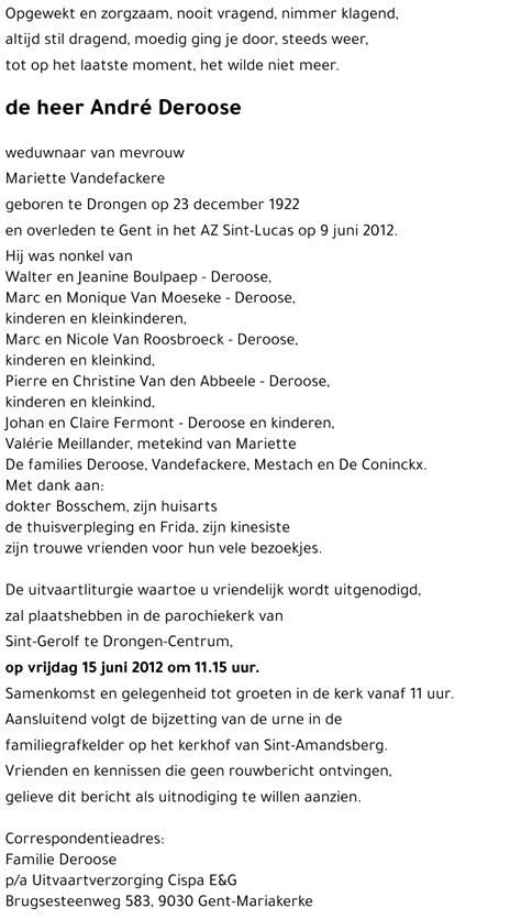 Avis De Décès De André Deroose Décédé Le 09 06 2012 à Gent Annonce