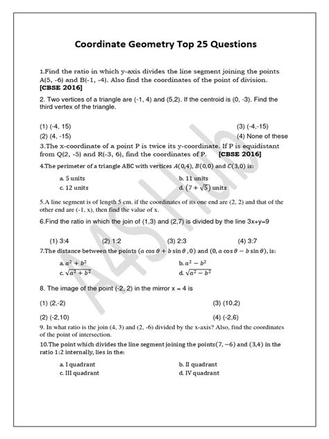 Chapter 7 Coordinate Geometry Top 25 Questions Pdf Cartesian