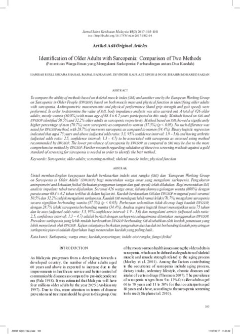 Pdf Identification Of Older Adults With Sarcopenia Comparison Of Two Methods Devinder Kaur