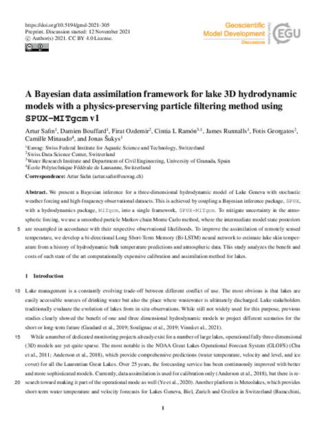 Pdf A Bayesian Data Assimilation Framework For Lake 3d Hydrodynamic Models With A Physics