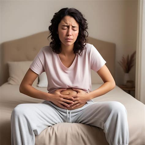 Young Woman Stomach Ache Sitting On Bed At Home Health Problem