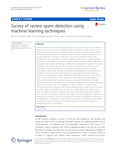 Pdf Survey Of Review Spam Detection Using Machine Learning Techniques