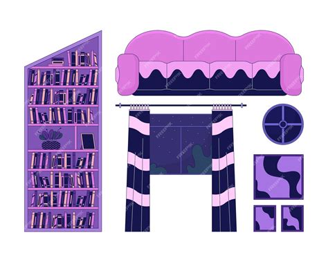 하우스 로피 인테리어 디자인 2d 선형 만화 객체 세트 프리미엄 벡터